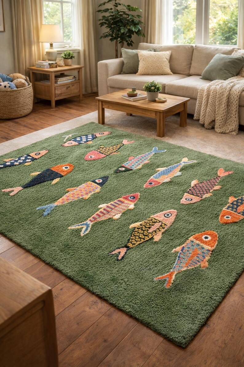 Handmade Fish Runner Rug | Wool Hallway Carpet | Green Folk Art Runner ...