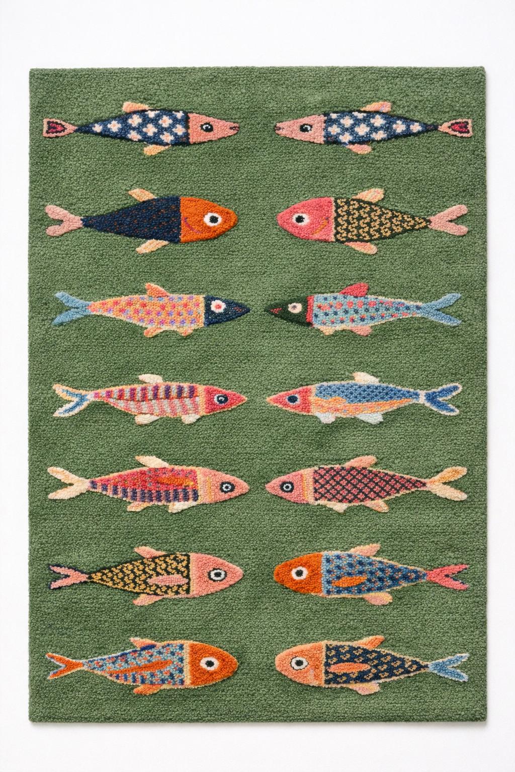 Handmade Fish Runner Rug | Wool Hallway Carpet | Green Folk Art Runner ...