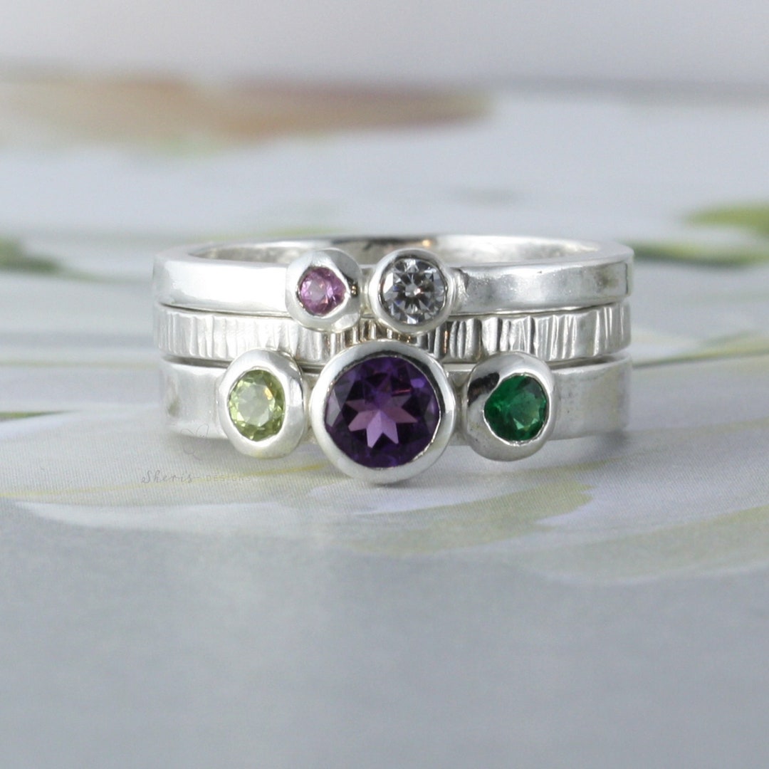 Mothers Stacking Ring, 5 Birthstone Sterling Silver Stacking Ring Set ...