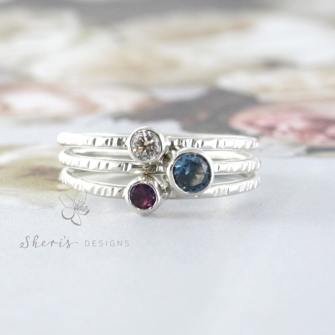 Birthstone Stacking Rings | Narrow Mother's Ring Set | Dainty Family ...