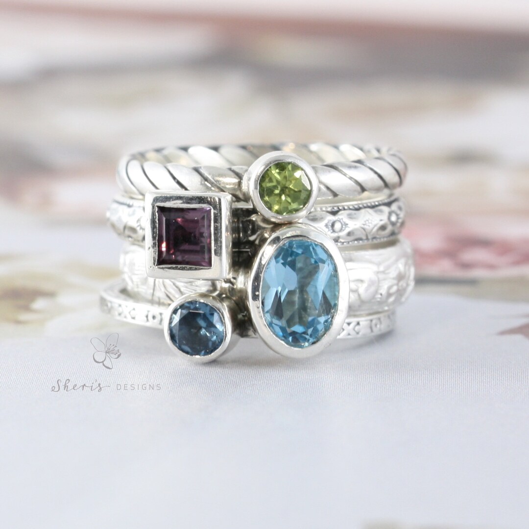 4 Stone Ring Set | 4 Birthstones Square Oval Emerald Octagon Round ...