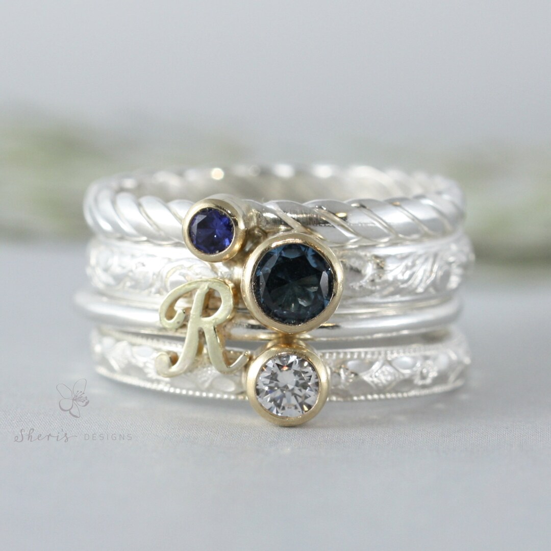 Initial Birthstone Ring Set, 14K Yellow Gold Initial Sterling Silver ...
