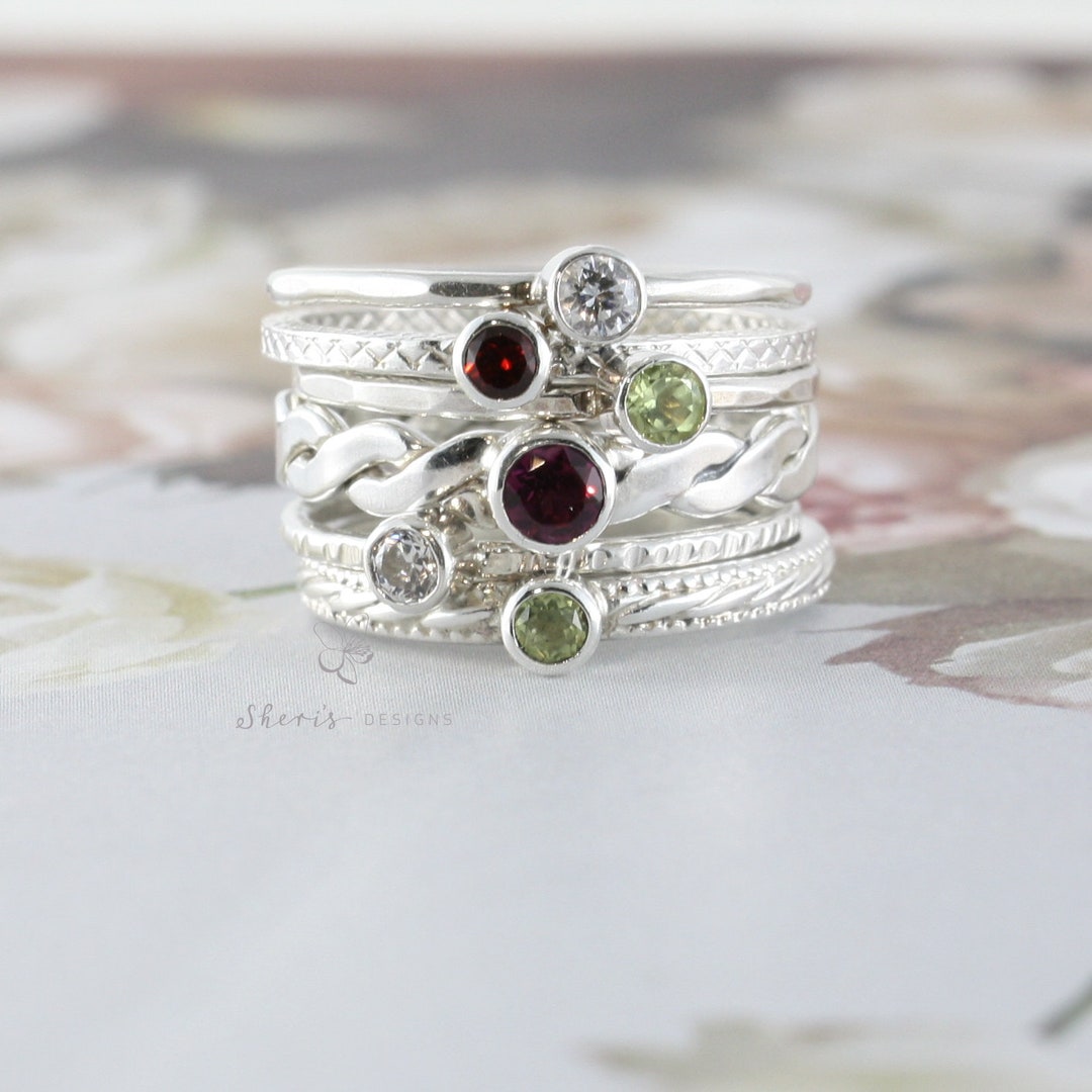 6 Stone Ring | Birthstone Mother's Stacking Ring Set | Mother's Ring ...