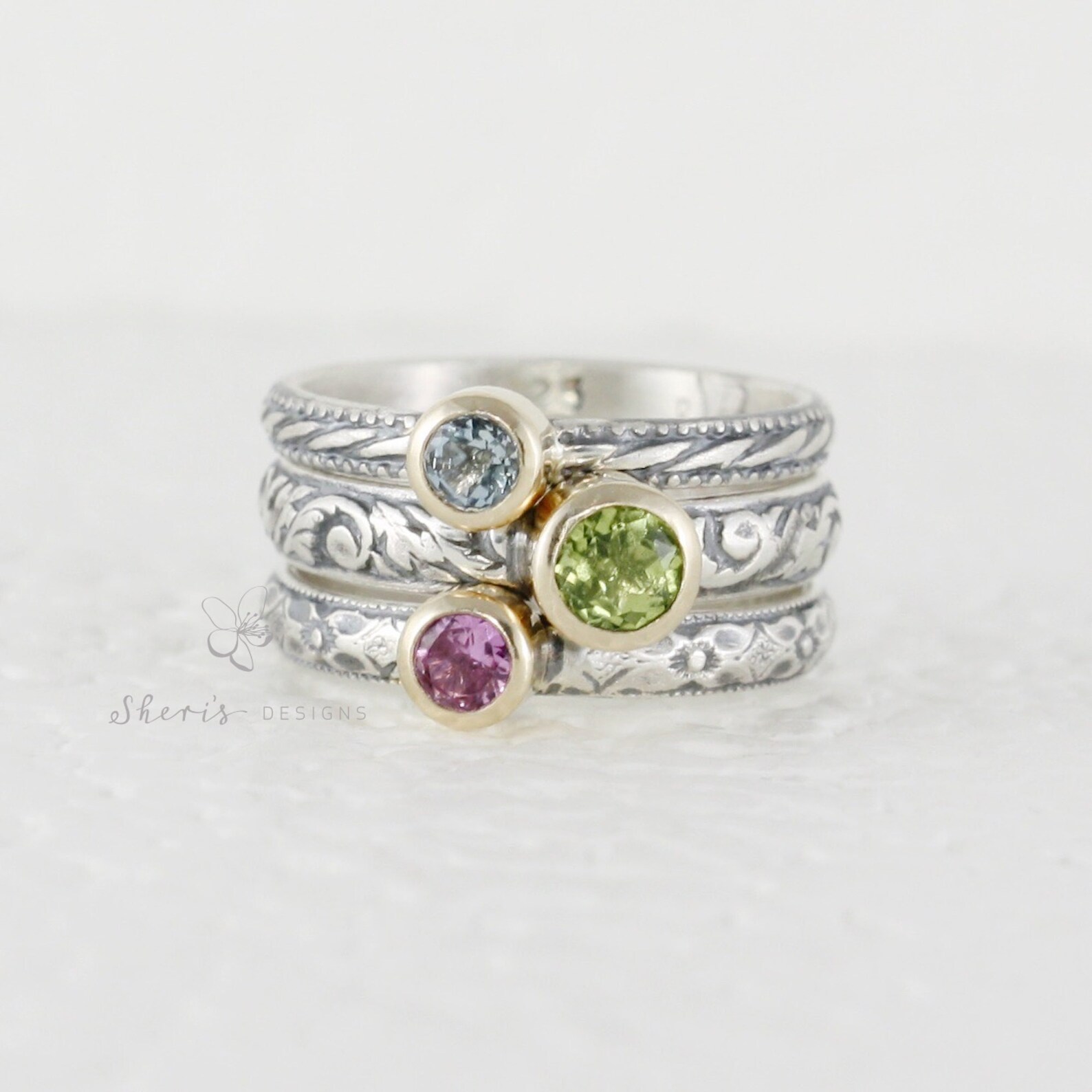 3 Mother's Gold Birthstone Rings Gold & Silver Stacking - Etsy