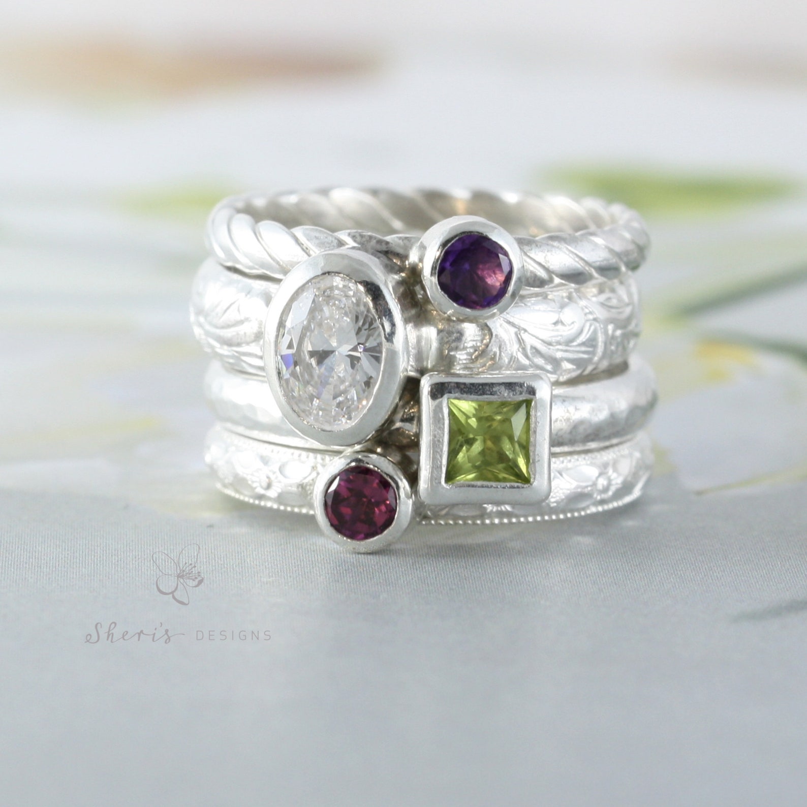 4 Stone Ring Set 4 Birthstones Square Oval Emerald Octagon - Etsy