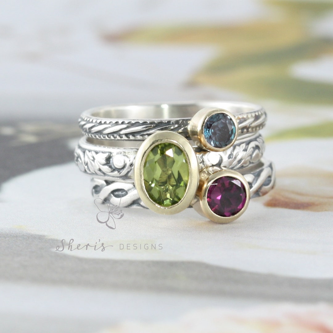 Family and Mother's Birthstone Ring Set 14K Yellow Gold and Sterling ...