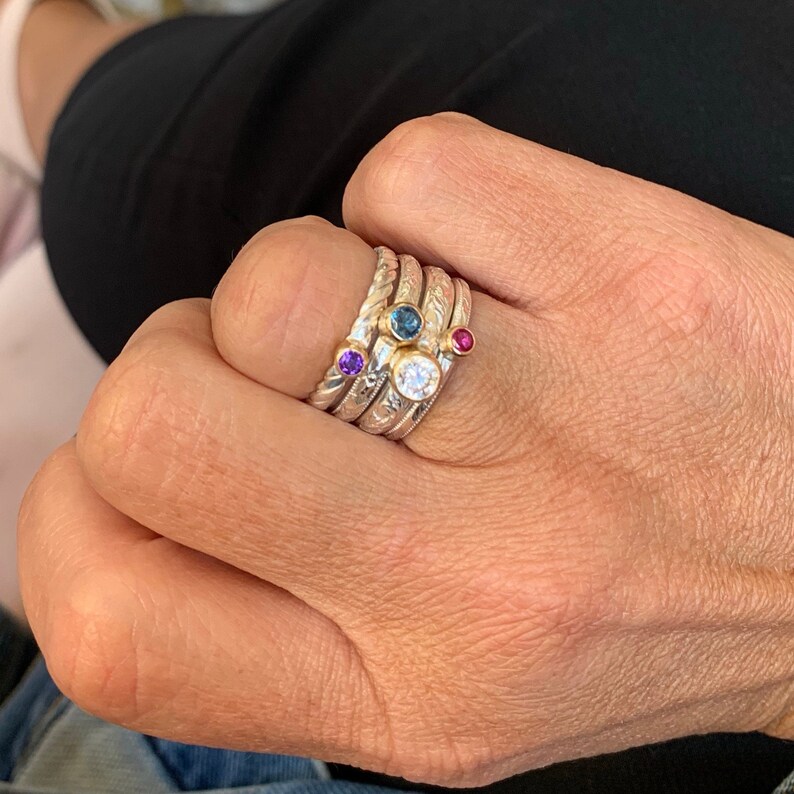 Initial Birthstone Ring Set 14K Yellow Gold Initial Sterling - Etsy