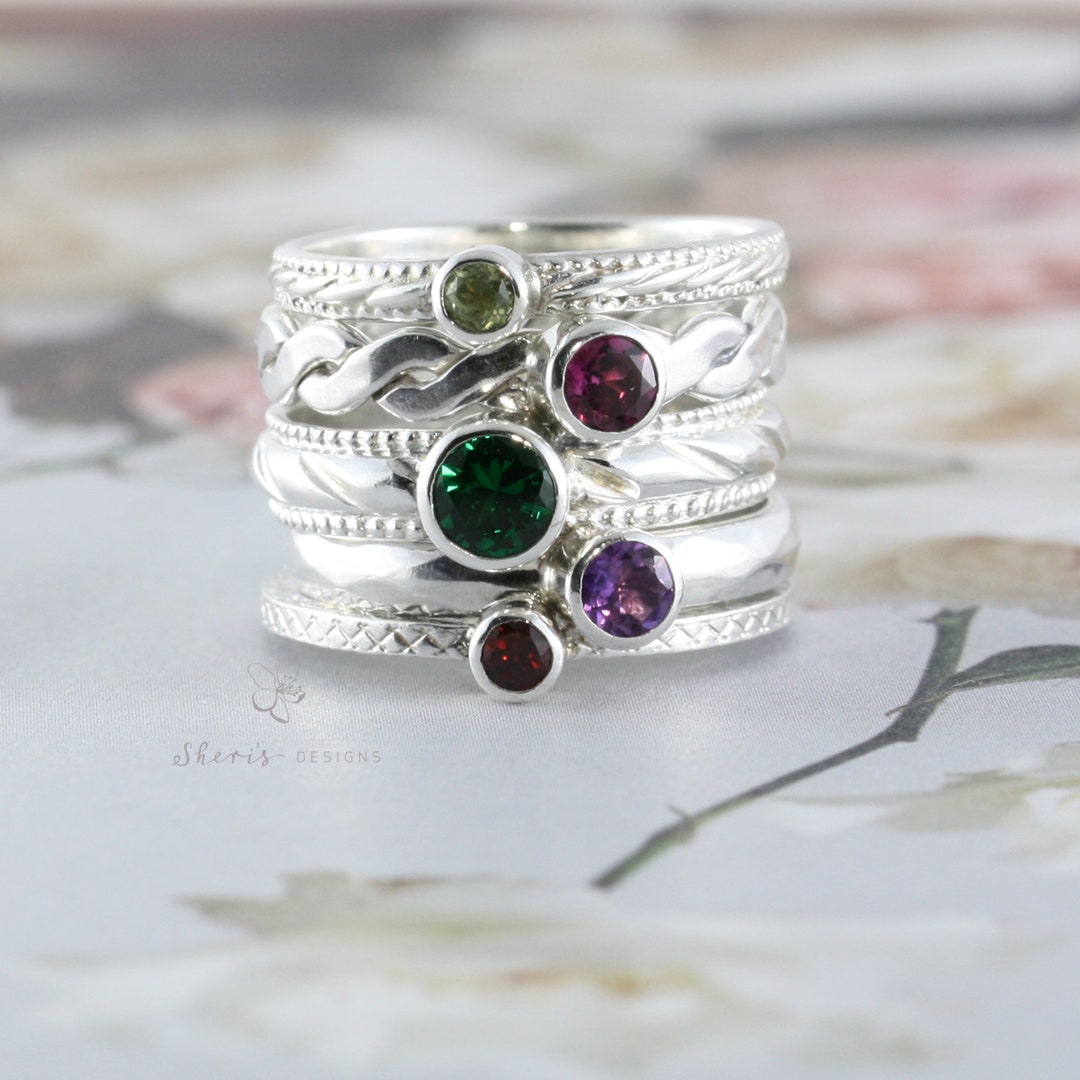 Personalized Mother's Ring | 5 Birthstone Ring Set | 5 Gemstone ...