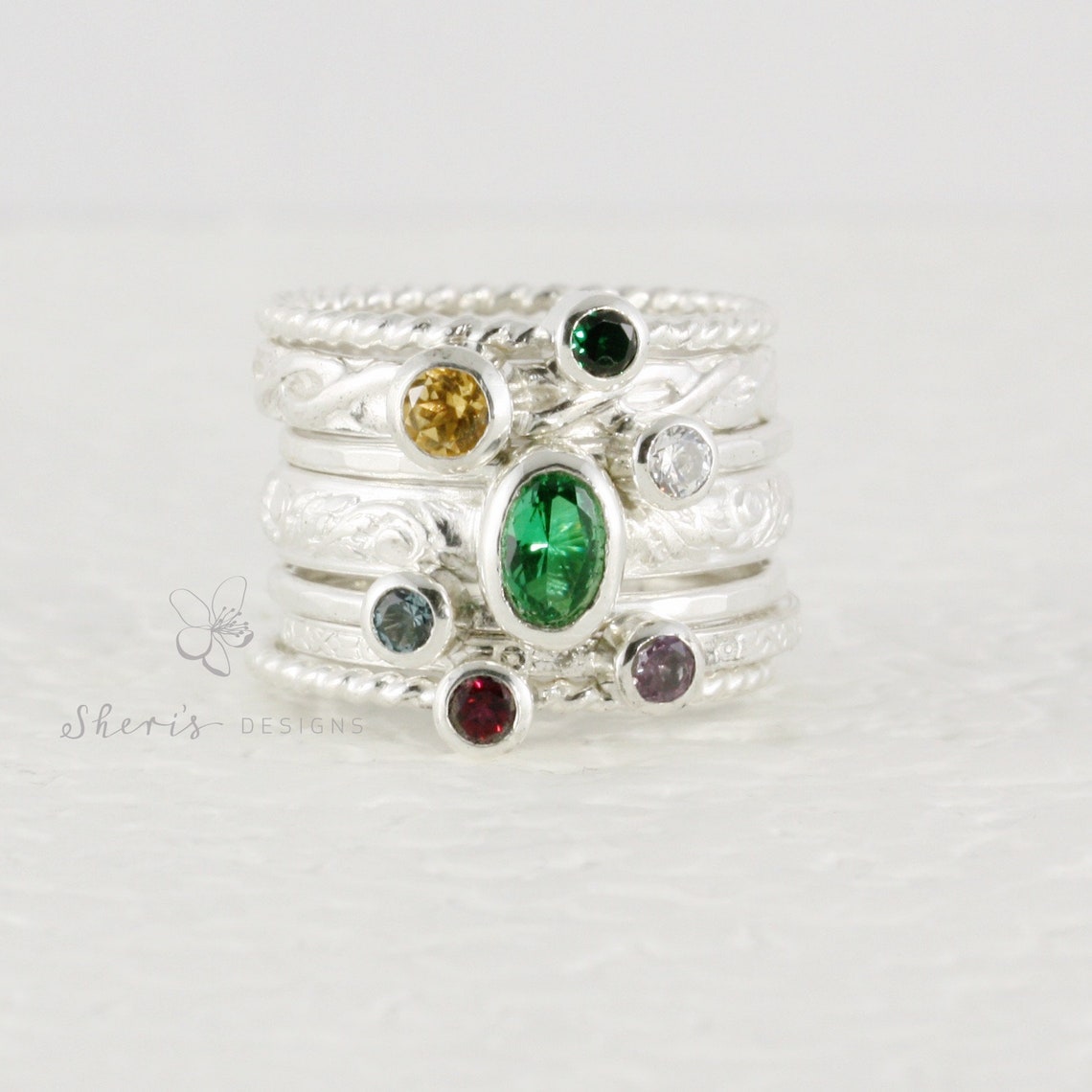 7 Birthstone Mothers Ring Set gemstone Stacking Ring - Etsy