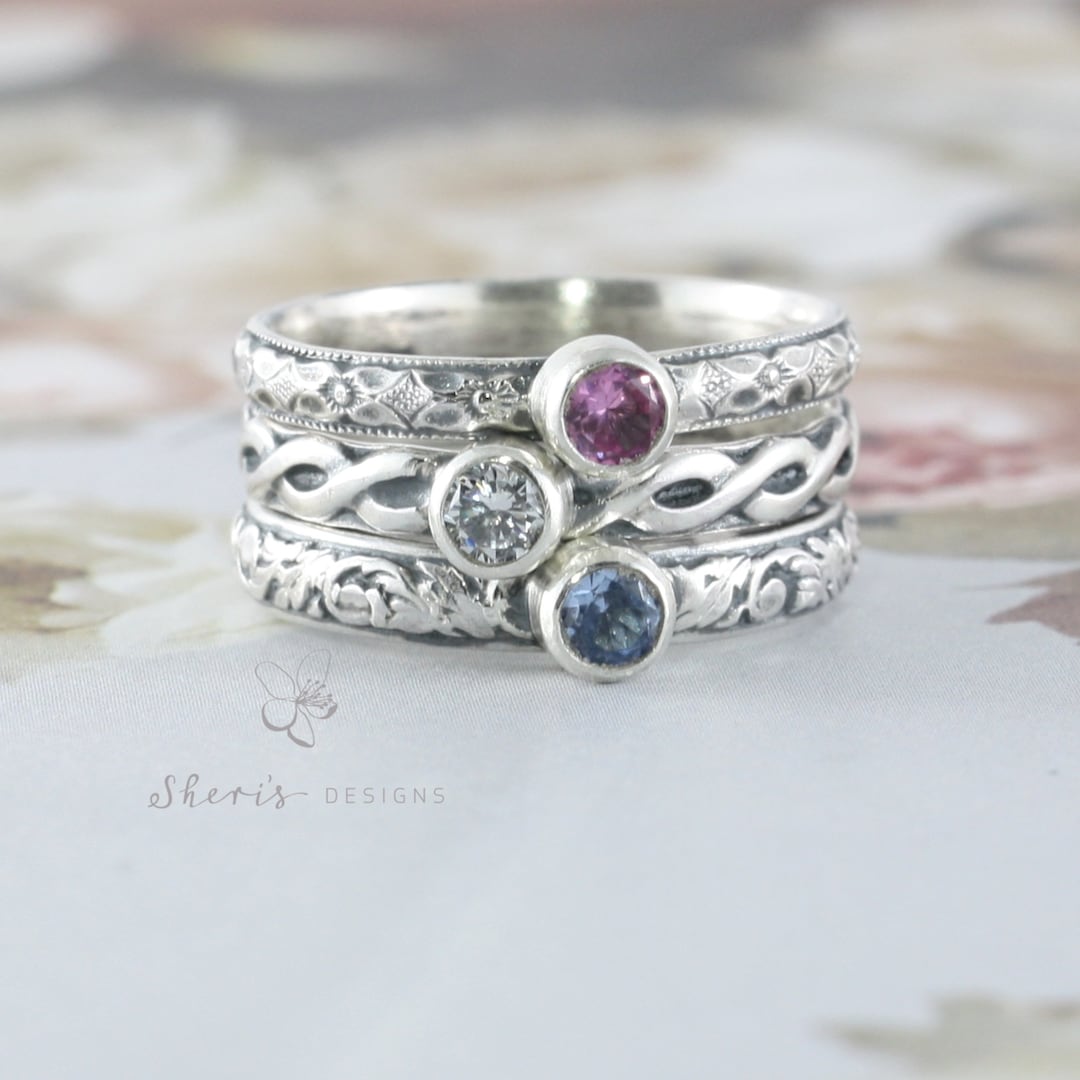 Birthstone Family Ring 3 Stone Gemstone Sterling Silver Rings Triple ...