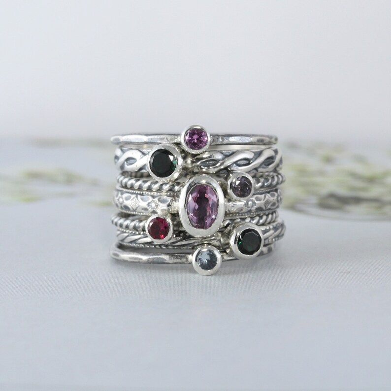 7 Birthstone Mothers Ring Set gemstone Stacking Ring - Etsy