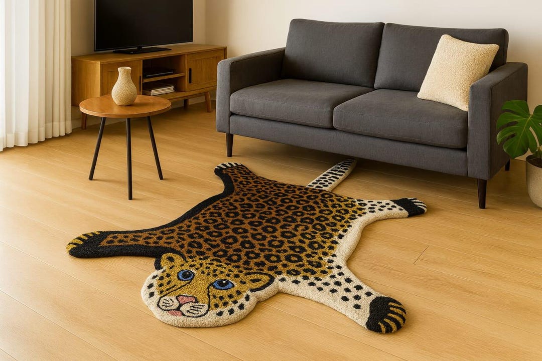 Leopard Shape Tufted Rug, Handmade Animal Print Carpet, Safari Living ...