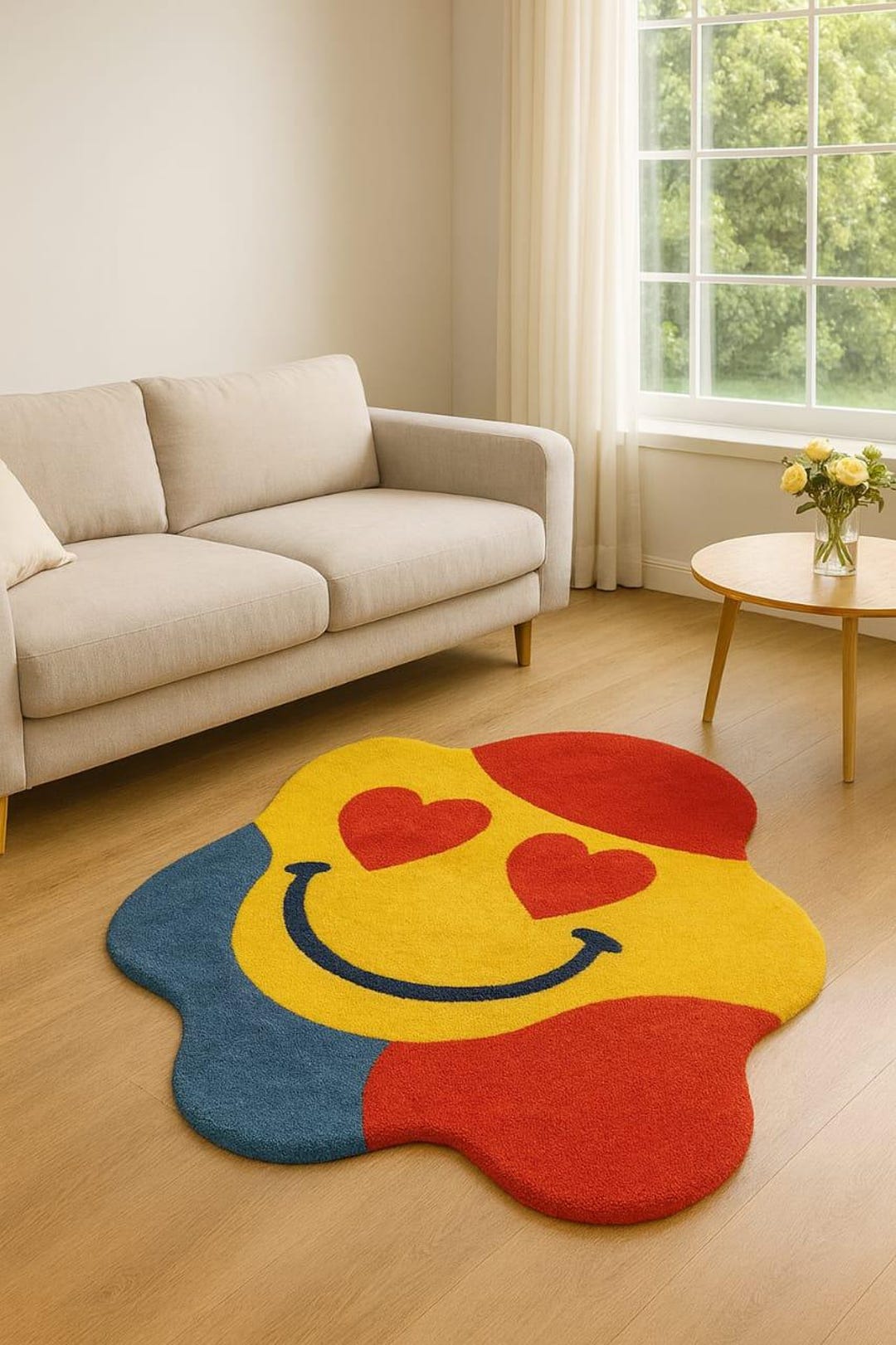 Plush Heart Eyes Smiley Face Area Rug - Round Yellow Tufted Pop Art ...