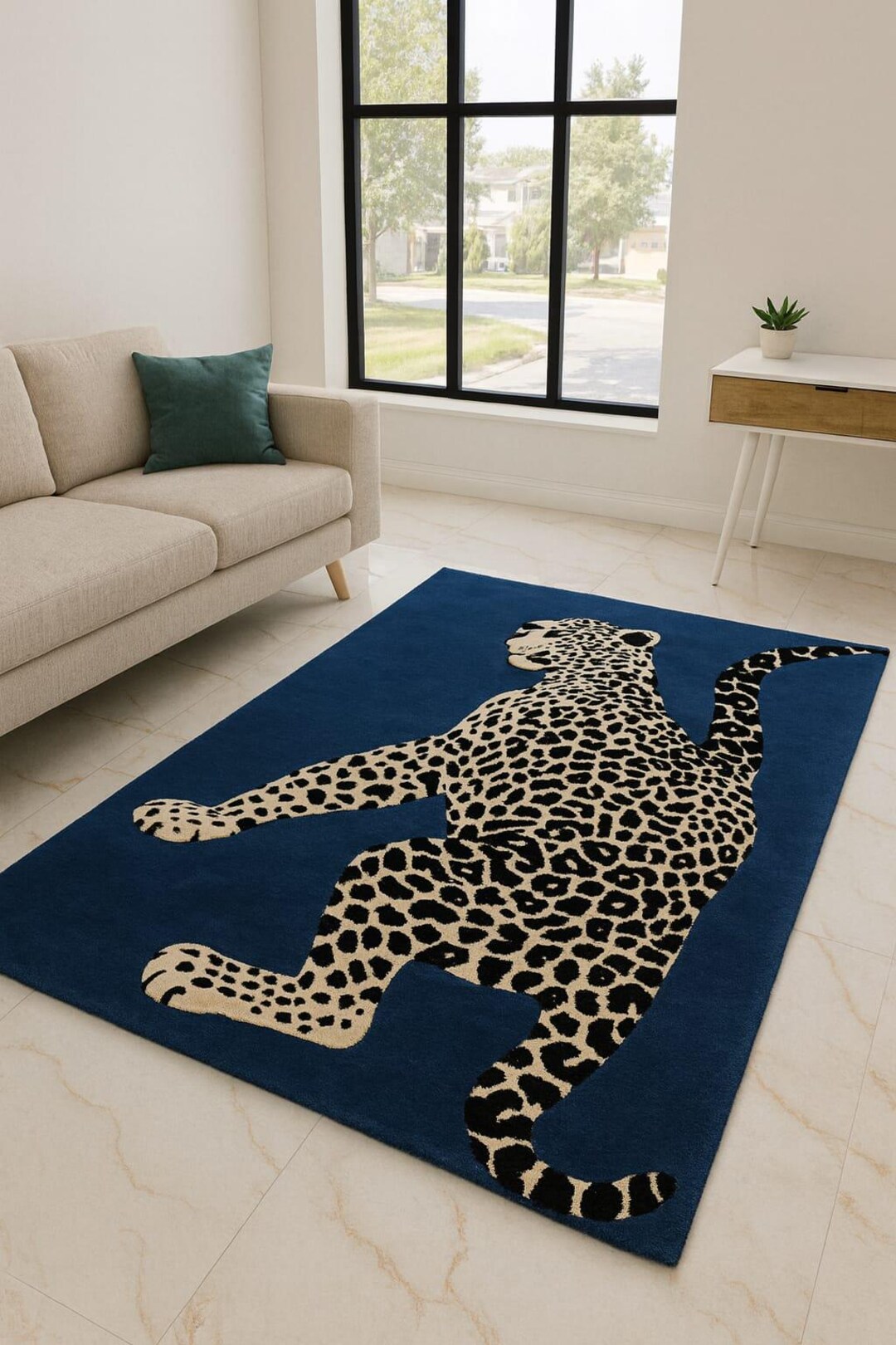 Exotic Navy Blue Leopard Area Rug | High-contrast Black & Gold Animal ...