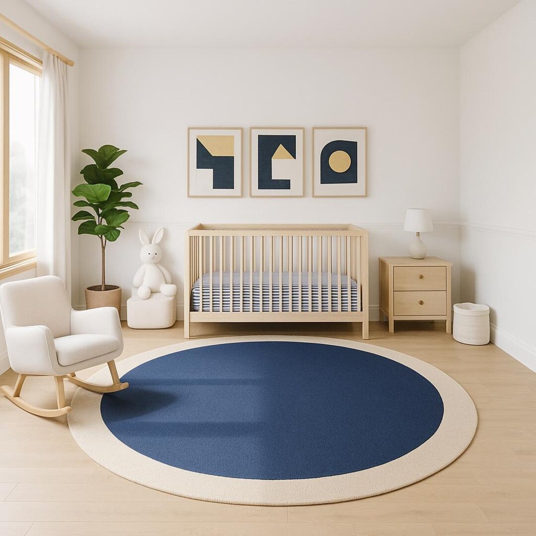 Modern Navy Blue & Cream Round Rug - Circle Area Carpet for Coastal ...