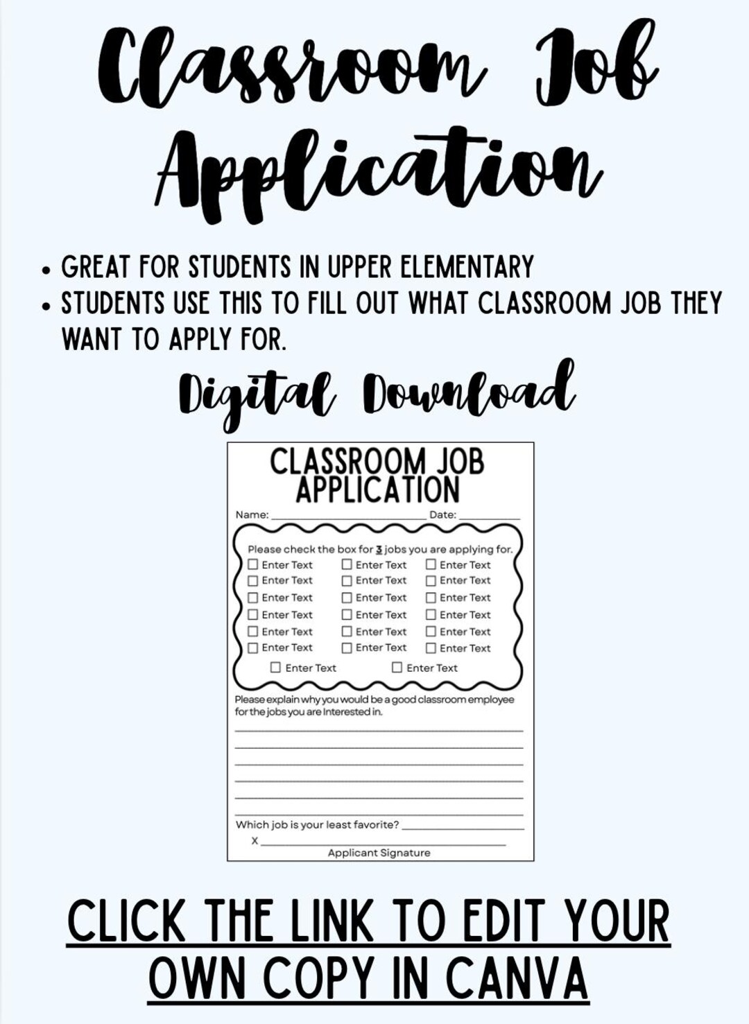 Classroom Job Application- Editable in Canva - Etsy