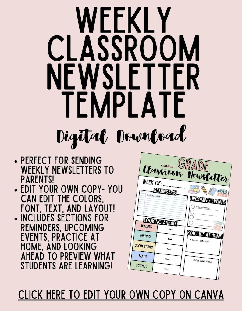 Weekly Classroom Newsletter Template- Editable in Canva - Etsy
