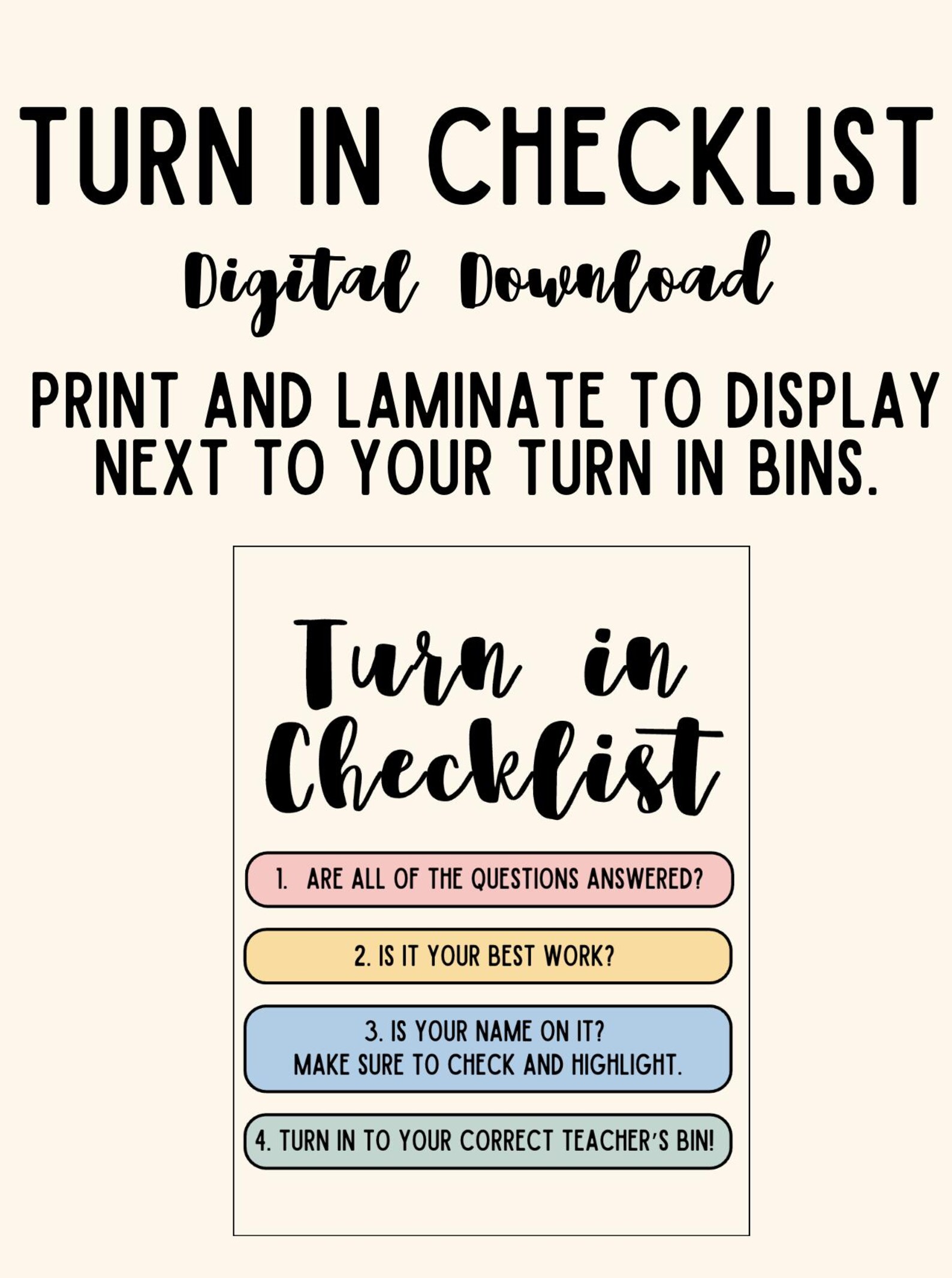 Turn in Checklist for Classroom - Etsy