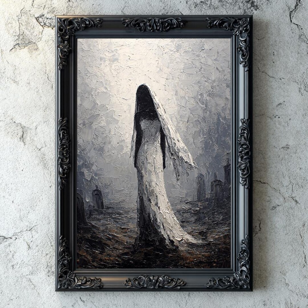Ghost Bride – Gothic Dark Academia Oil Painting Wall Art, Textured ...