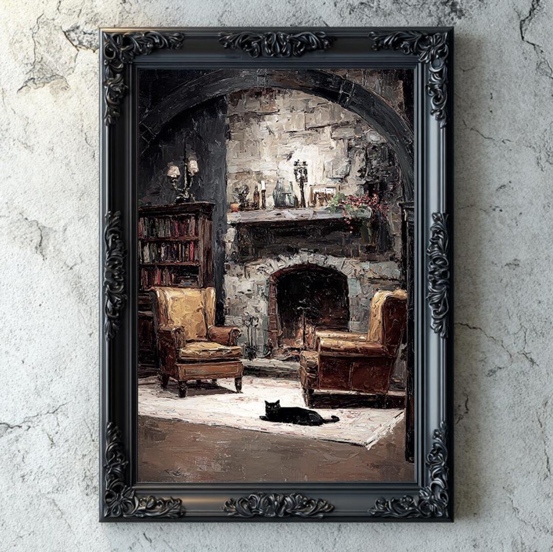 Dark Academia Reading Room Art, Cozy Gothic Fireplace Scene With Black ...