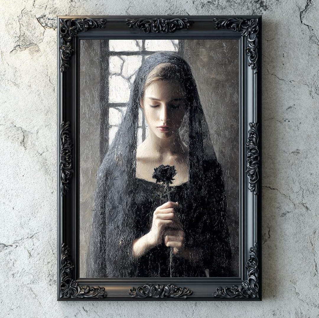Gothic Mourning Portrait, Veiled Woman Holding a Black Rose, Impasto ...