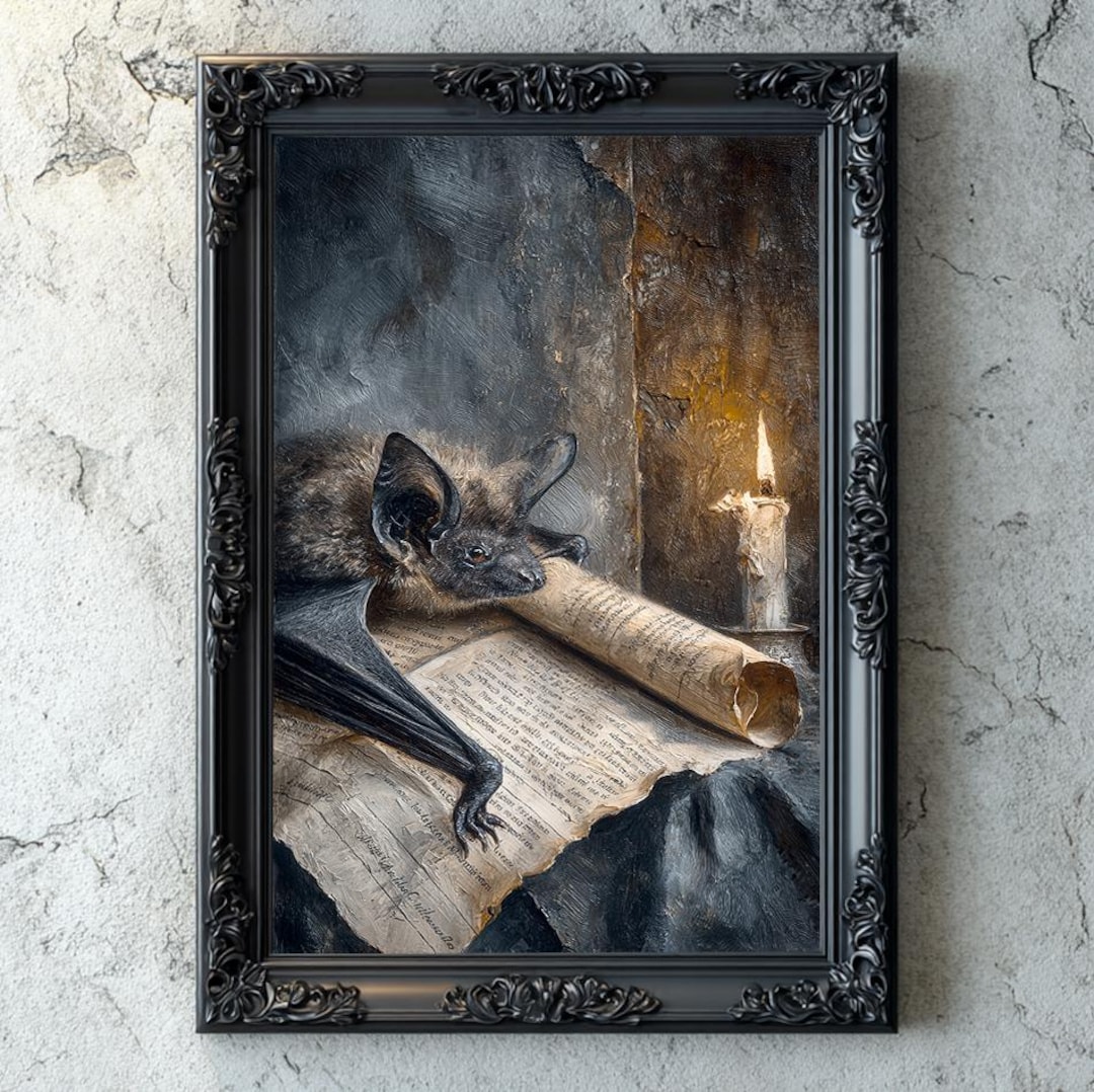 Gothic Bat Art Printable, Dark Academia Oil Painting, Bat Resting on ...