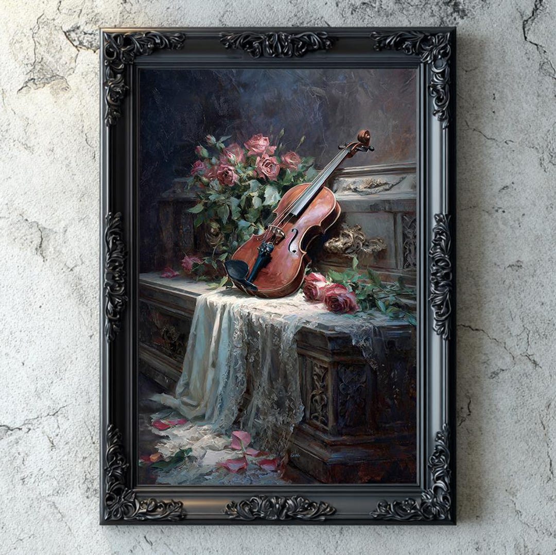 Romantic Gothic Wall Art, Impasto Oil Painting of Violin and Roses ...
