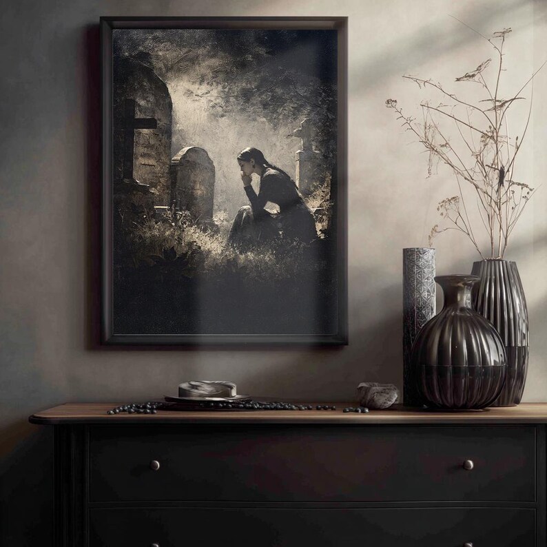Gothic Mourning Digital Art, Cemetery Vigil, Dark Romanticism Decor ...