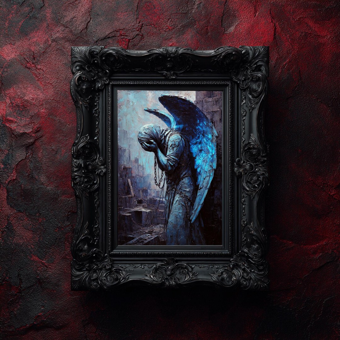 Fallen Angel With Blue Tones and Chains, Gothic Oil Painting Print ...