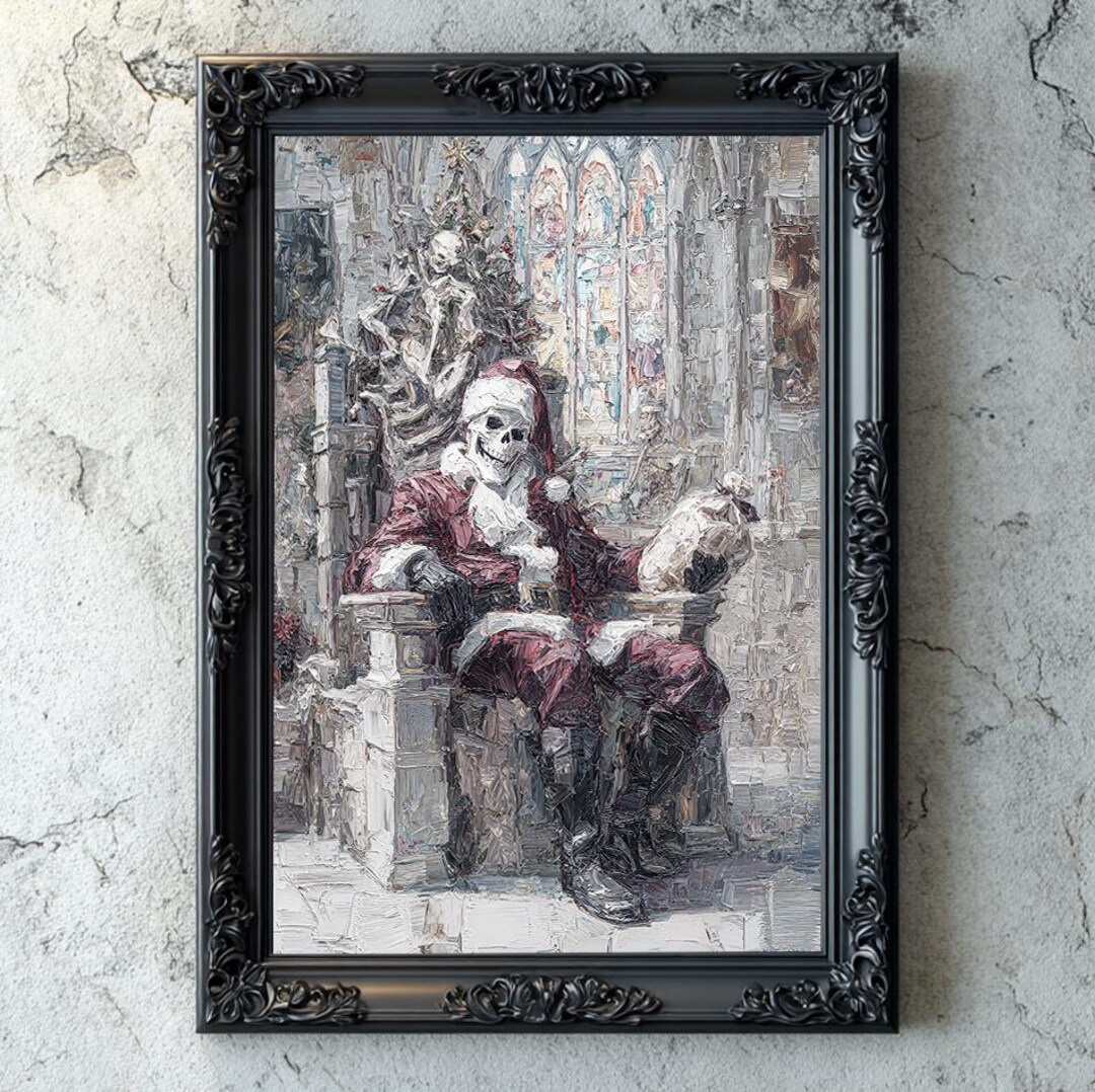 Gothic Skeleton Santa Claus Art, Dark Christmas Impasto Painting in ...