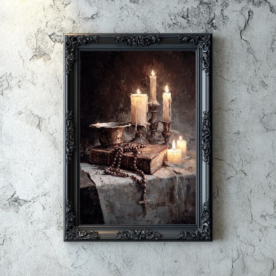 Gothic Still Life Digital Art Print, Candles, Cross Rosary and Antique ...