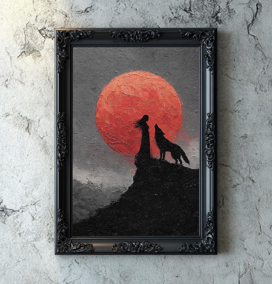 Gothic Blood Moon Digital Art, Wolf and Woman Silhouette Impasto ...