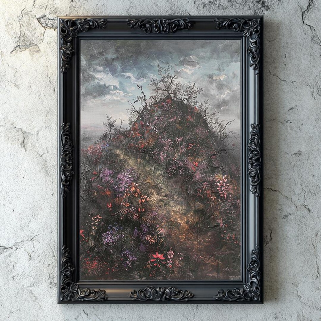 Dark Gothic Nature Artwork, Impasto Oil Painting of a Floral Hill Under ...