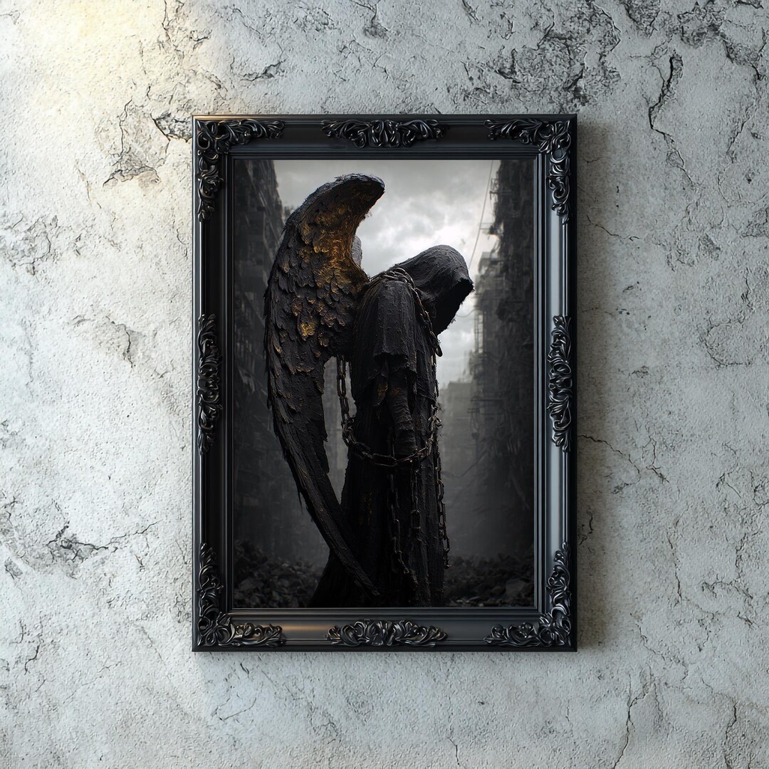 Fallen Angel With Golden Wings and Chains, Gothic Oil Painting Print ...