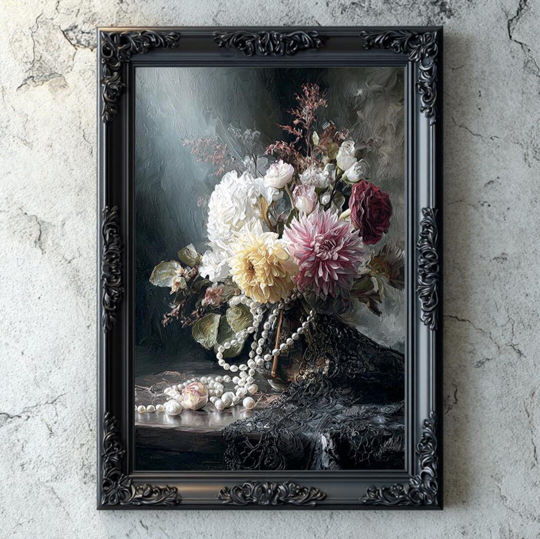 Dark Gothic Floral Still Life Art Print, Vintage Roses, Dahlias ...