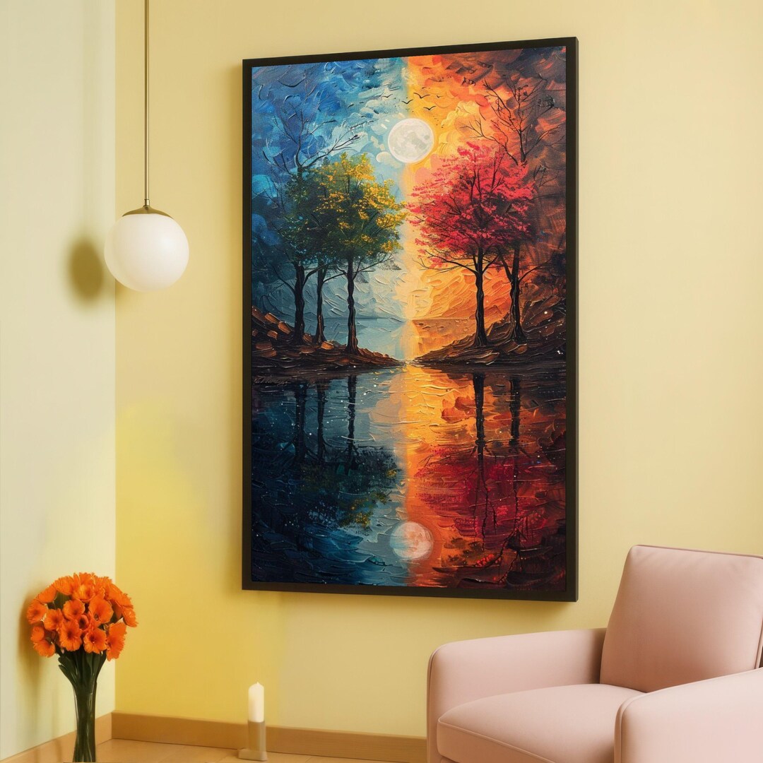 Day and Night Contrast Canvas, Dual Season Trees Wall Art, Sunset and ...