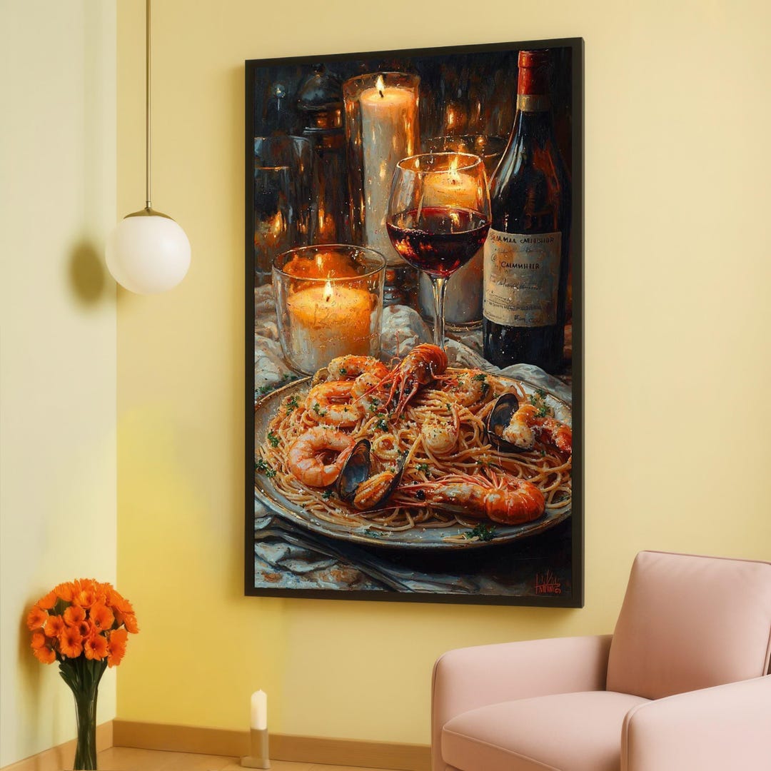 Cozy Seafood Dinner Canvas, Shrimp Pasta Wall Art, Wine and Candlelight ...
