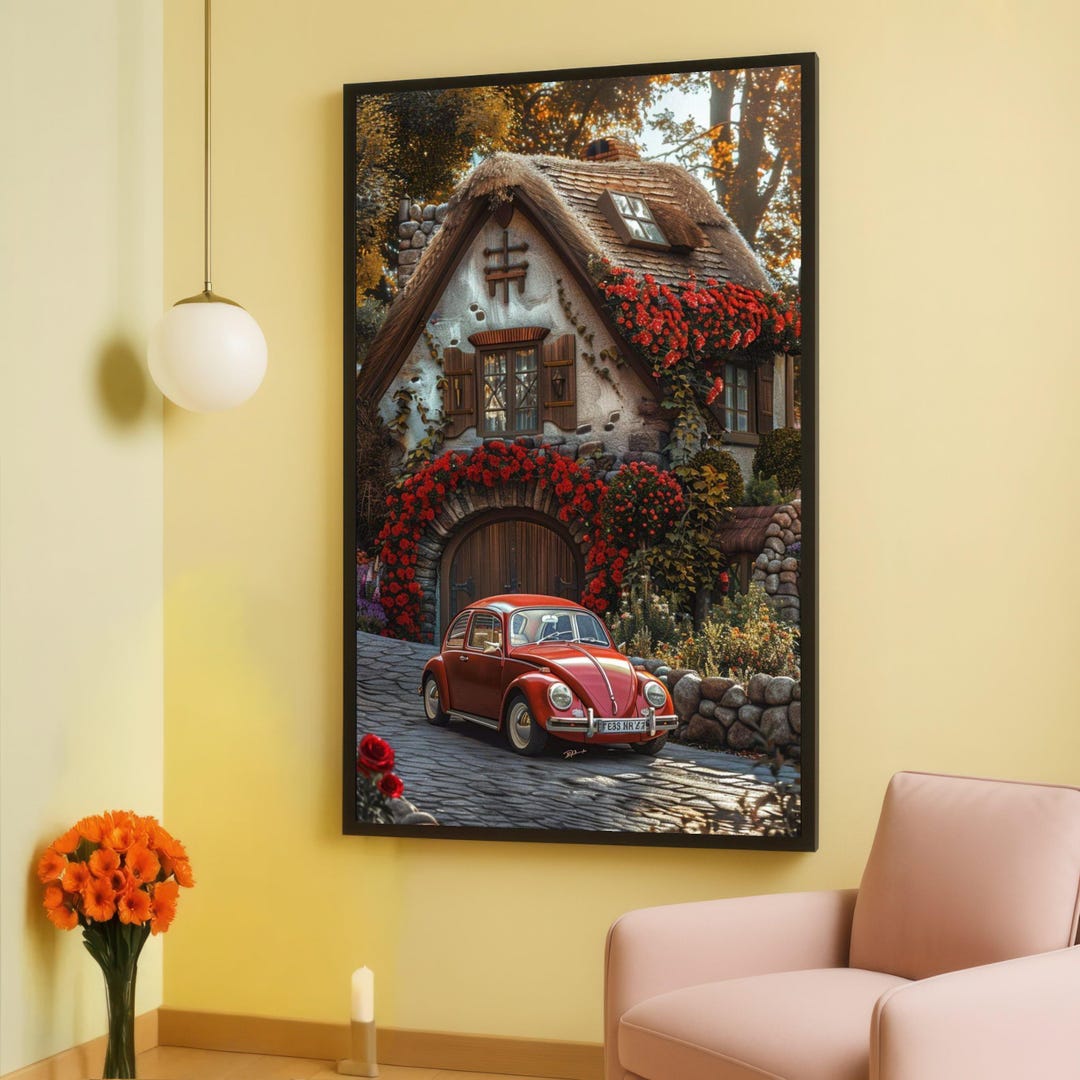 Vintage Red Beetle Car Canvas Wall Art, Cozy Cottage With Roses, Thomas ...