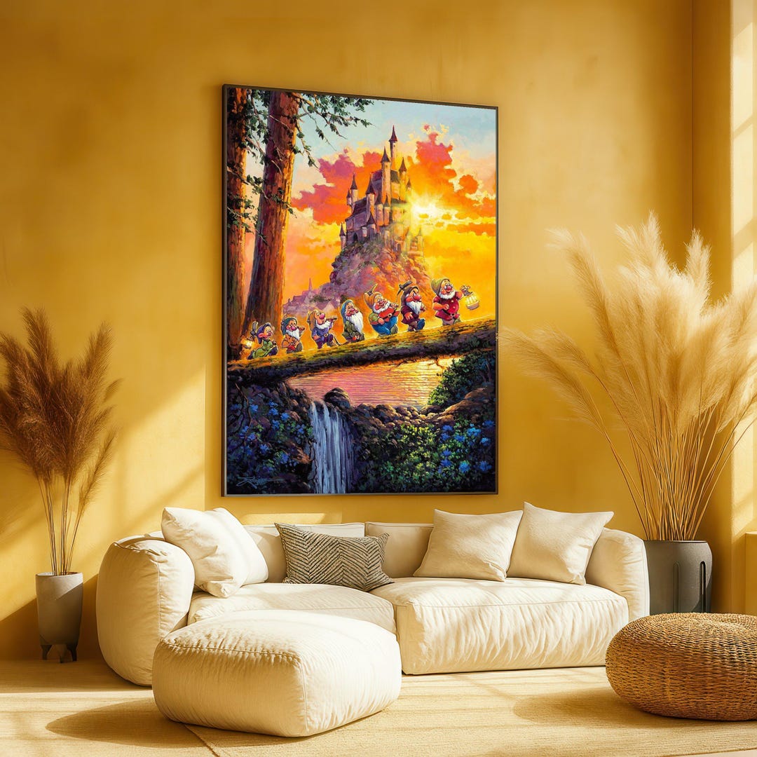Magical Dwarfs Crossing Log Bridge Canvas, Fantasy Castle Sunset Wall ...