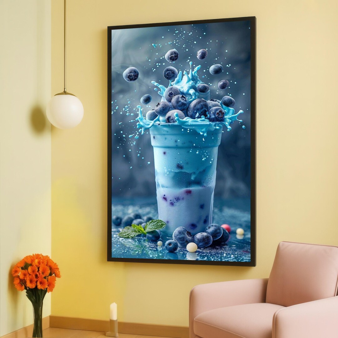 Blueberry Milkshake Splash Canvas Wall Art, Vibrant Fruit Beverage ...