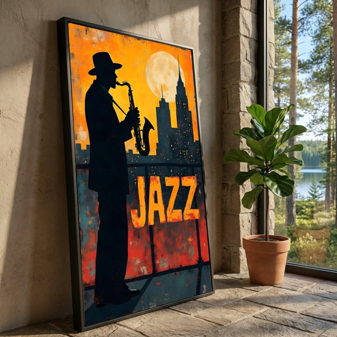 Jazz Saxophone Player Silhouette Canvas, Cityscape Night Wall Art ...