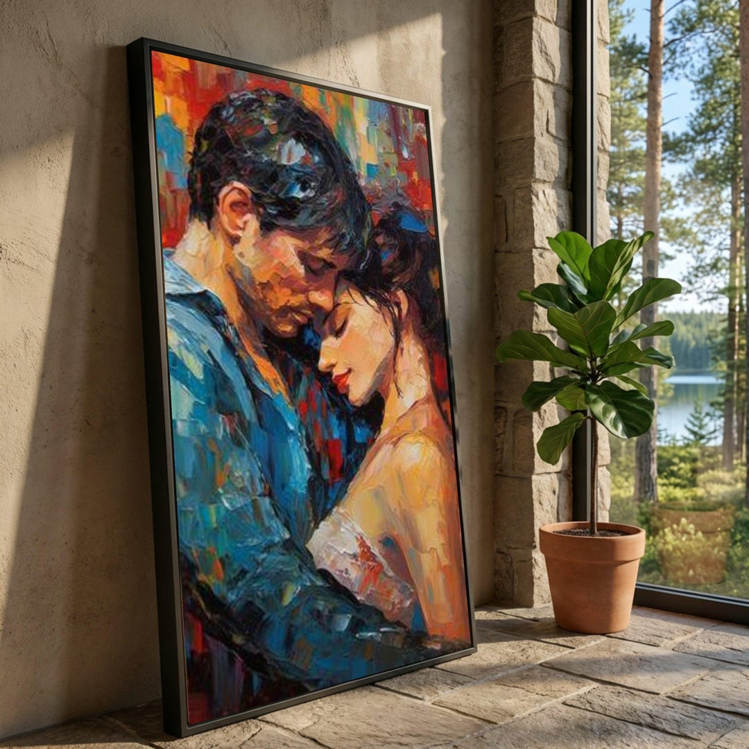 Romantic Embrace Canvas Wall Art, Couple Abstract Painting, Intimate ...