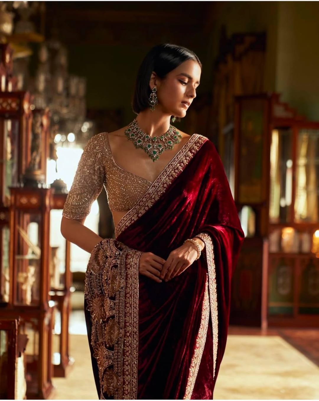 Velvet Wedding Saree: Maroon Indian Thread & Dori Work - Net Sarees - Etsy