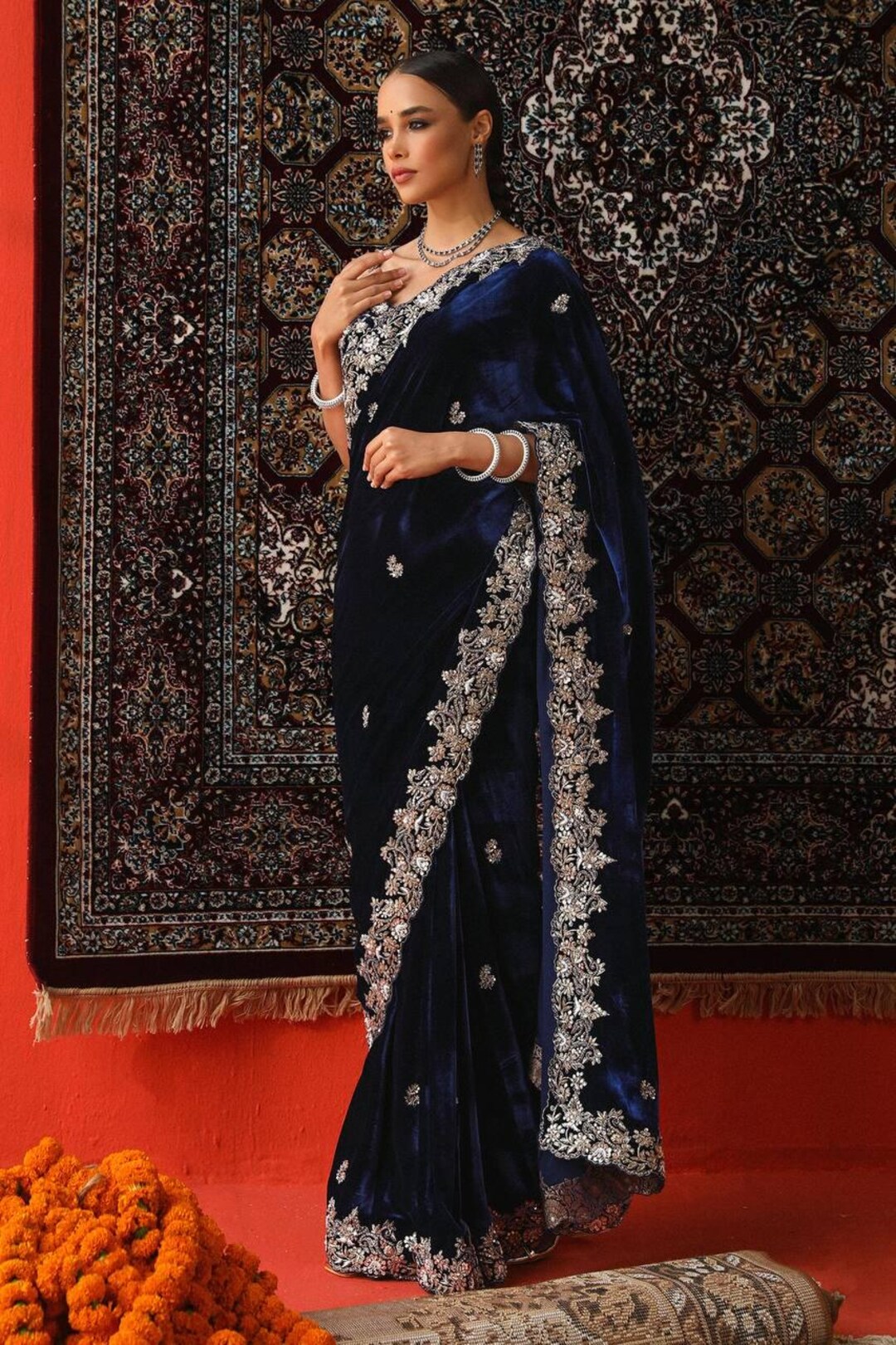 Blue Velvet Wedding Saree: Sarees Indian Thread & Dori Work - Viscose ...