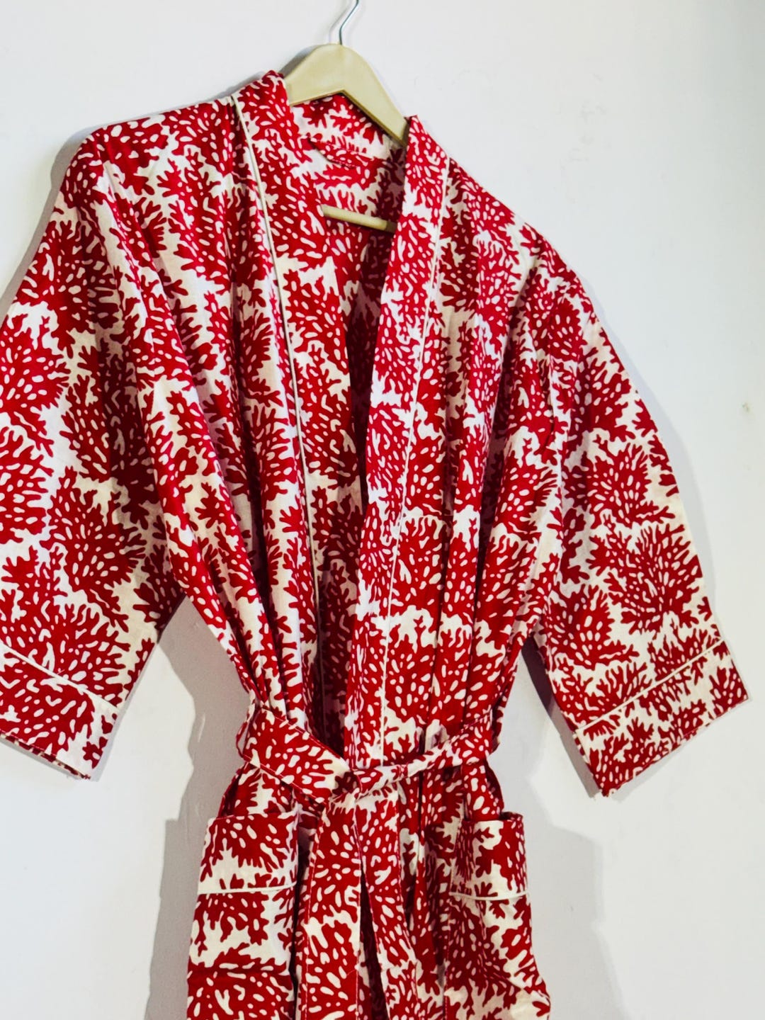 Red Coral Block Print Kimono Robe | Nautical Beach Cover up | Coastal ...
