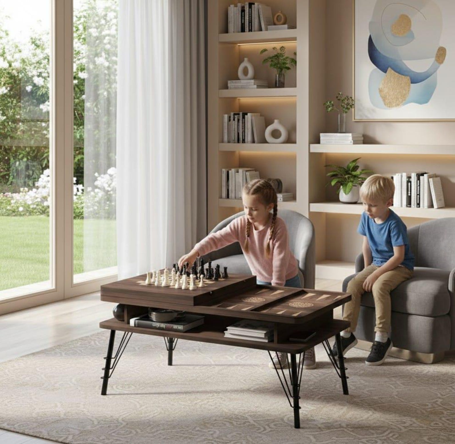 Convertible Game Coffee Table, Chess - Backgammon, Dining Desk, Laptop ...