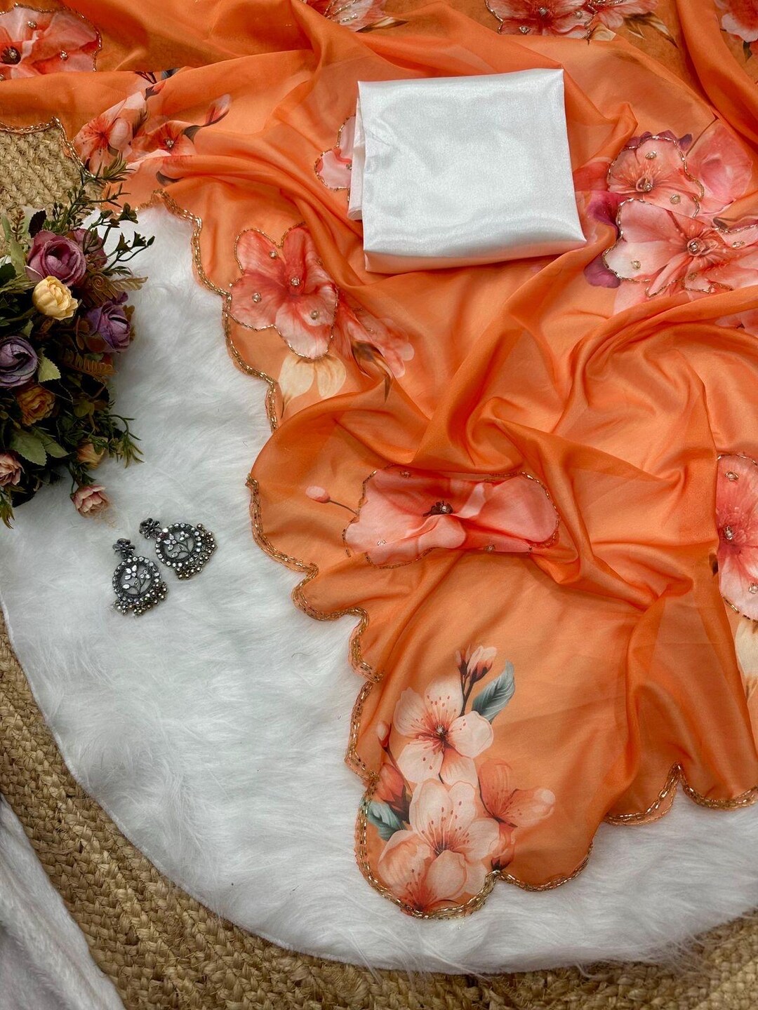 Beautiful Flower Print With Handwork Aarko Border in Pure Organza Saree ...