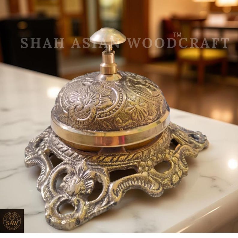 Vintage Solid Brass Table Bell - Embossed Floral Reception Desk Bell ...