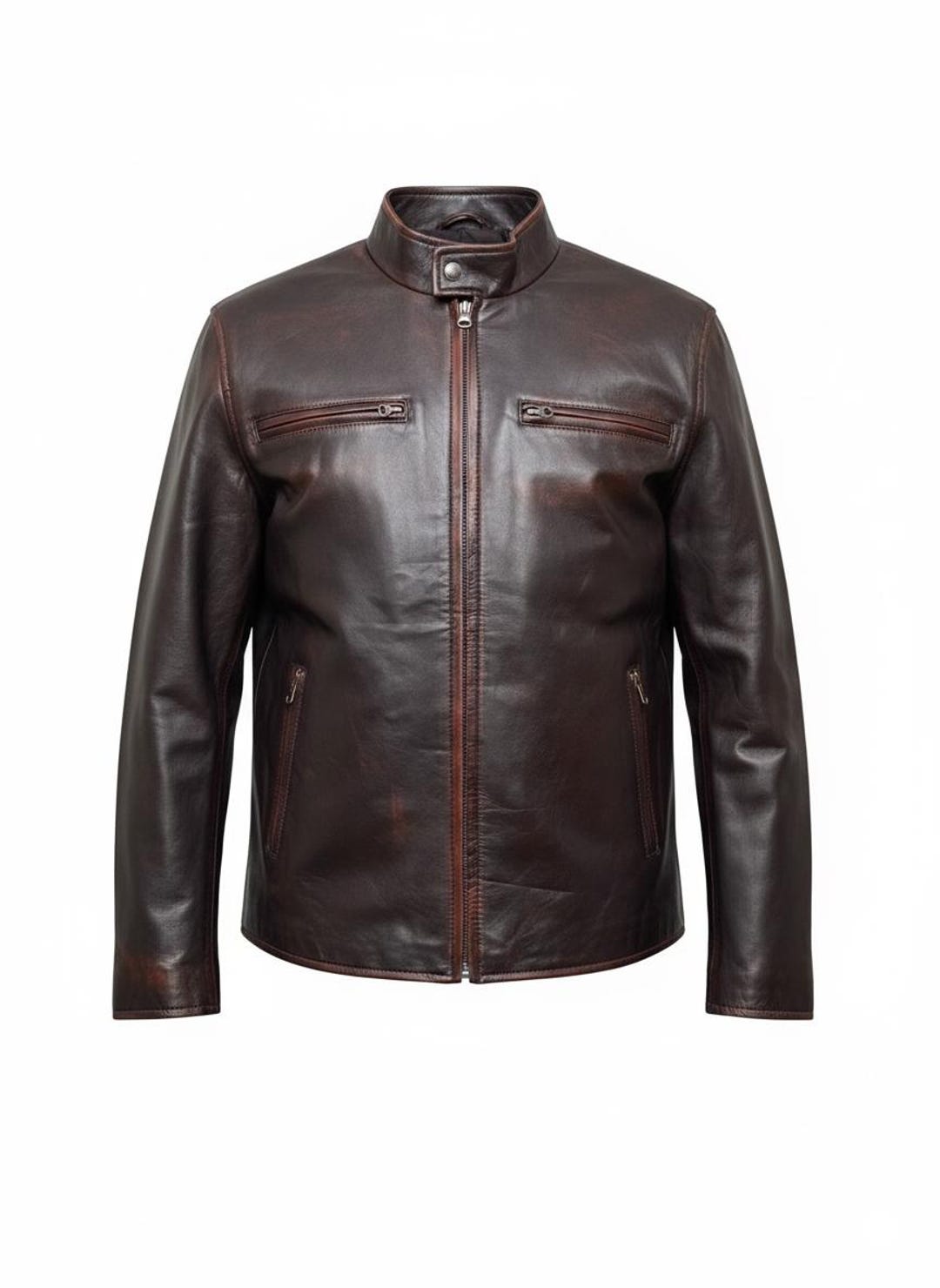 Men's Brown Sheepskin Leather Cafe Racer Jacket - Slim Fit Biker Style ...