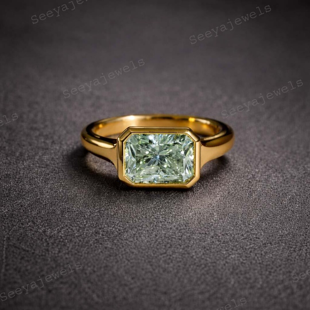 Bezel Set 2 Ct East West Radiant Cut Green Amethyst Engagement Ring ...